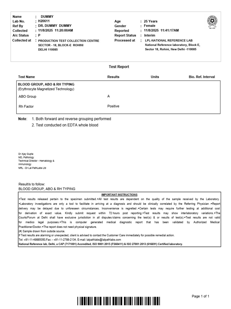 Blood Report | PDF