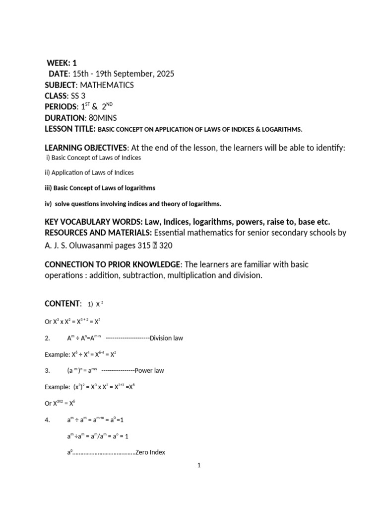 SS3 Logarithms and Indices Lesson Plan | PDF | Logarithm | Mathematics