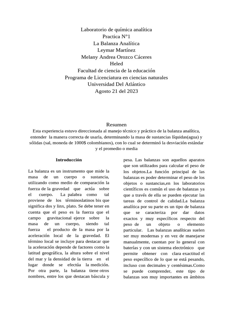 Uso y manejo de la balanza analítica | PDF | Balanza | Medición