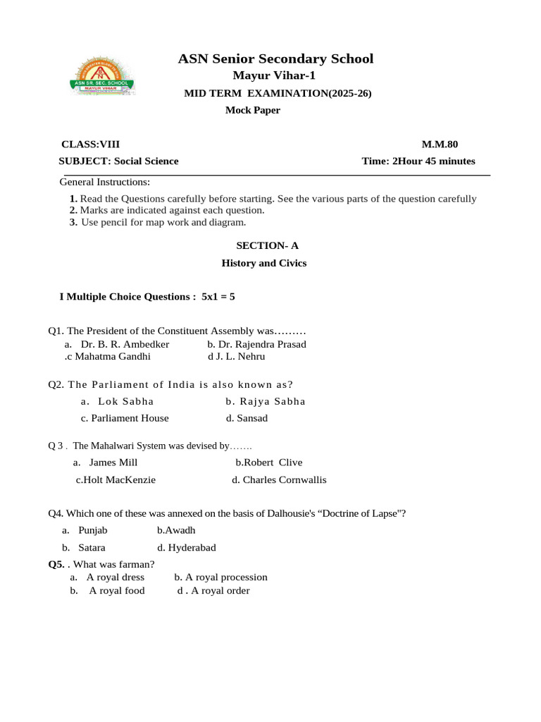 Class VIII Social Science Midterm Mock Exam | PDF | Forests