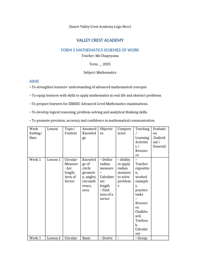 Form5 Maths Scheme ValleyCrest FullFormat | PDF | Trigonometry ...