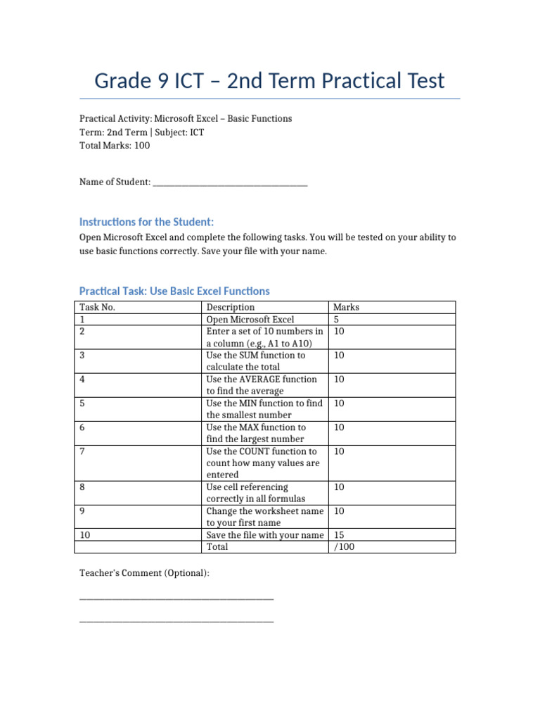 Grade 9 ICT Excel Practical Test | PDF