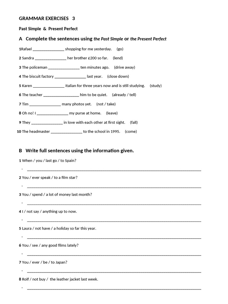 Past Simple vs Present Perfect Exercises | PDF | Language Mechanics ...