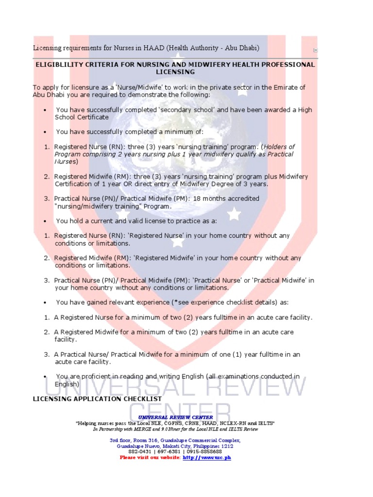 Licensing Requirements For Nurses in HAAD Complete | PDF | Midwife ...