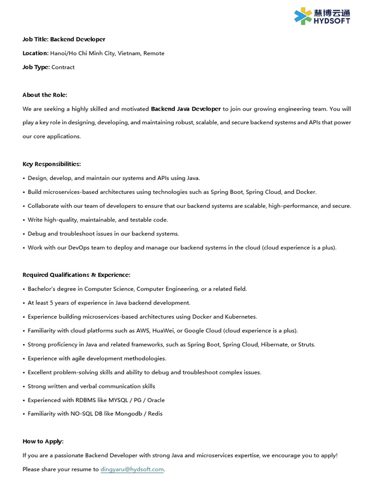 JD Backend Developer Hydsoft | PDF | Cloud Computing | Software Engineering