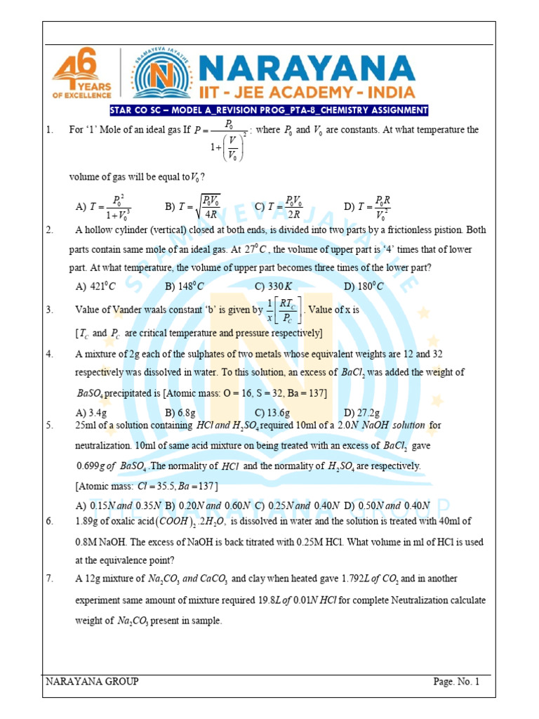 Chemistry Assignment on Ideal Gas Laws | PDF | Gases | Molecules