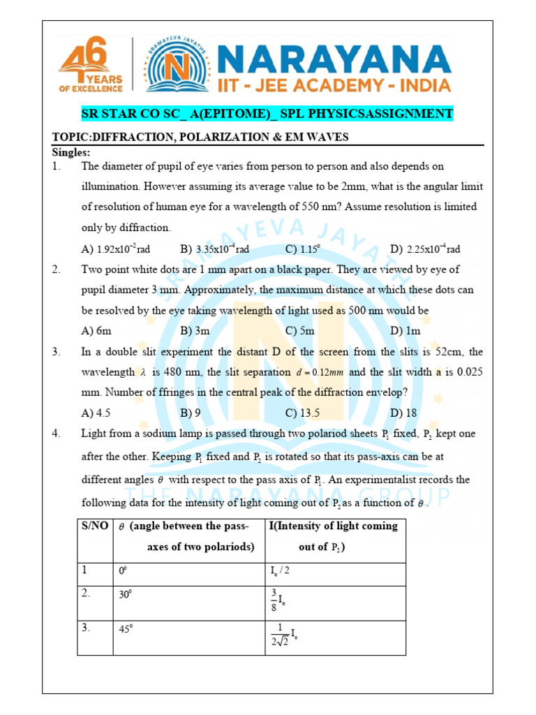 SR Star Co SC - A (Epitome) - Physics ( - Diffraction, Polarization & em Waves) Assignment | PDF ...