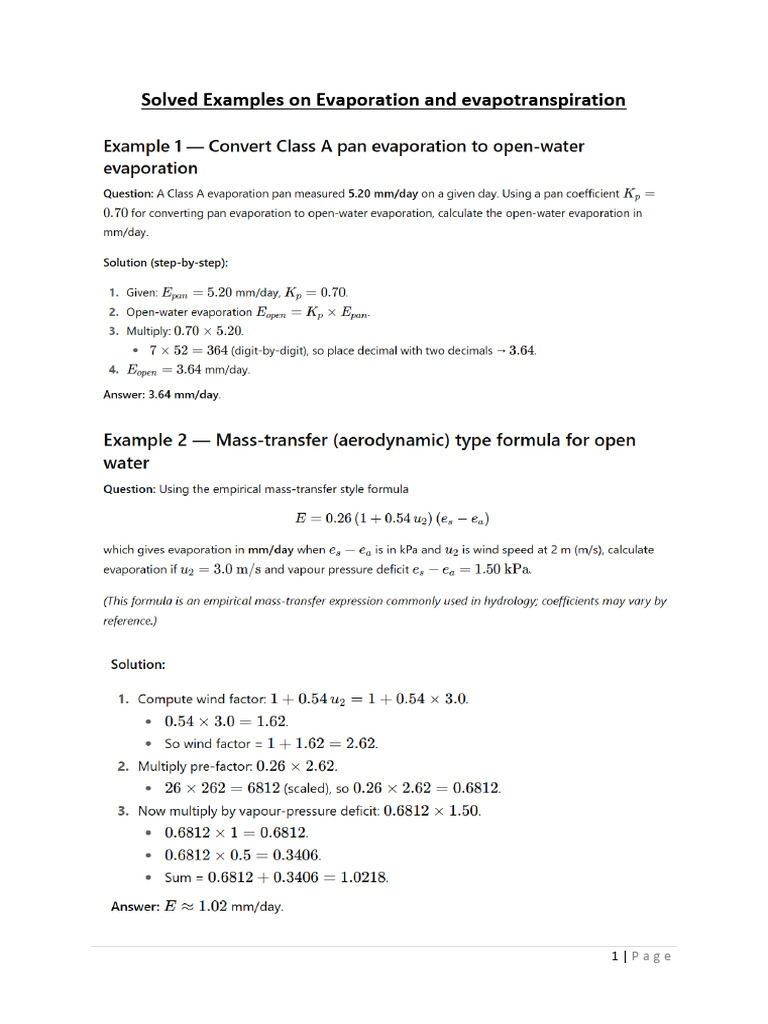 Solved Examples - Evaporation and Evapotranspiration | PDF