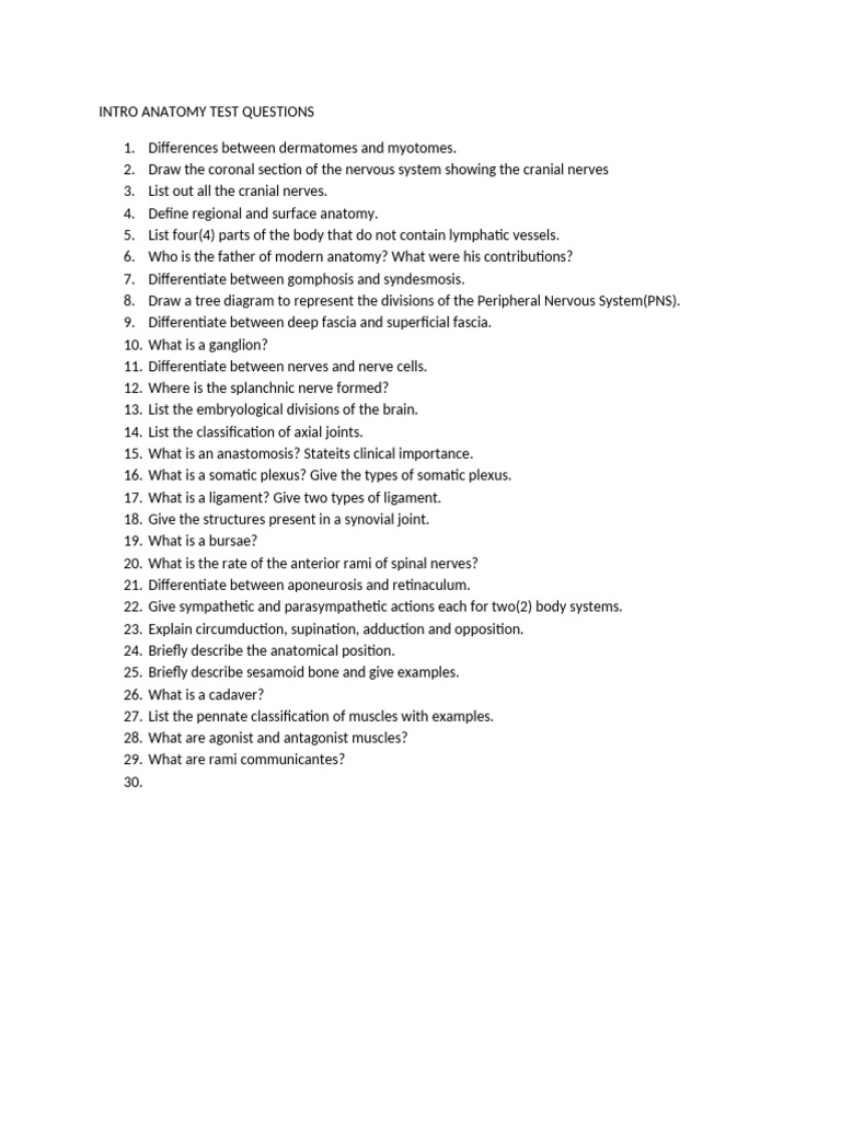 Intro Anatomy Test Questions | PDF