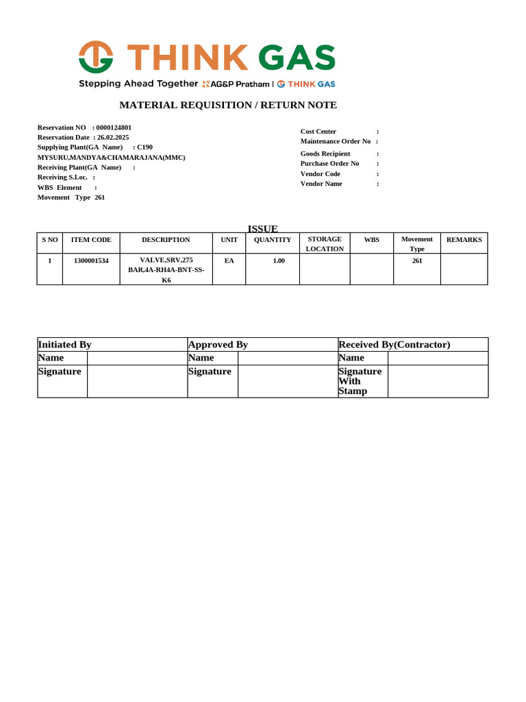 Material Requisition / Return Note | PDF