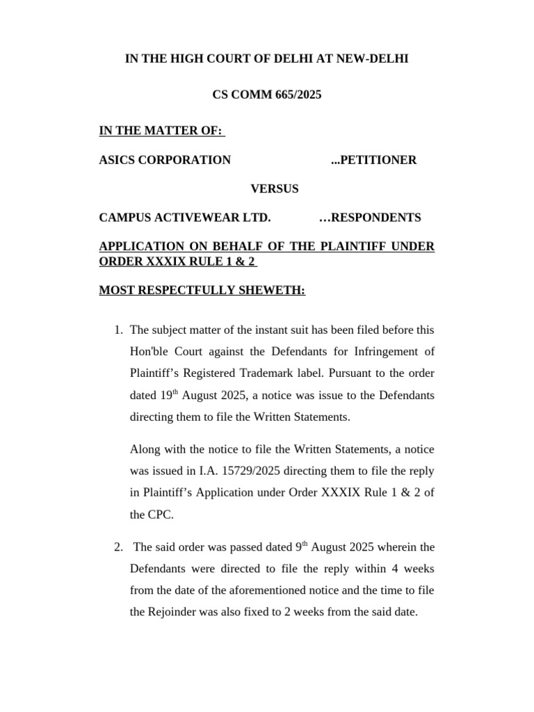 Application On Behalf of The Plaintiff Under Order Xxxix Rule 1 & 2 ...
