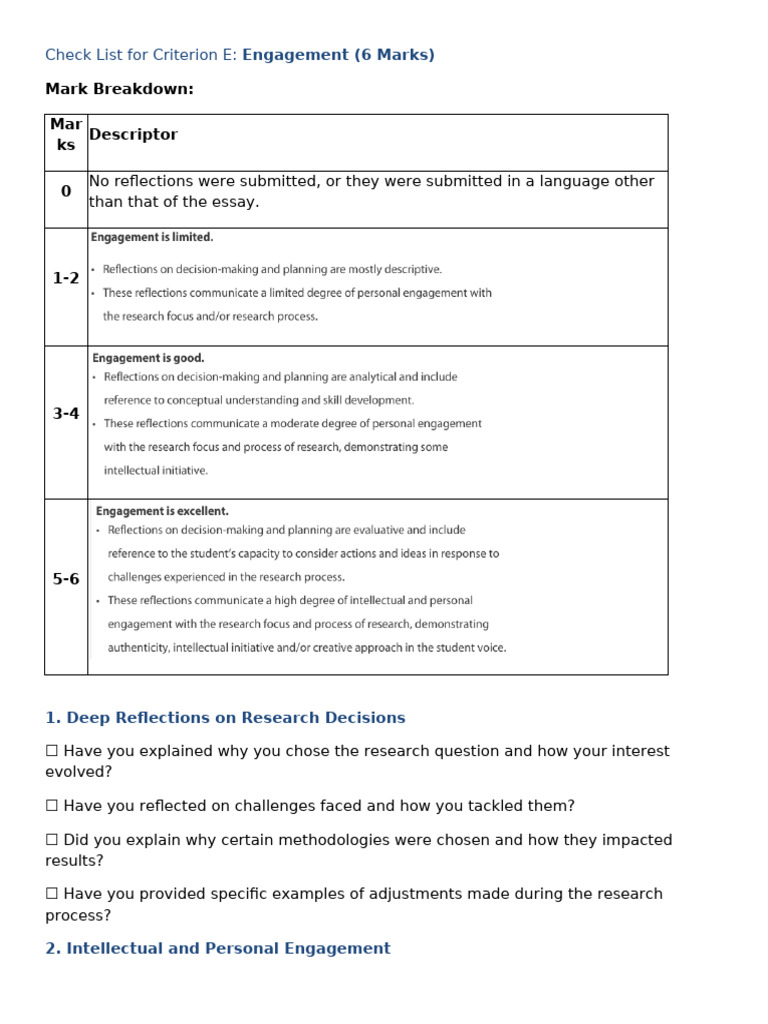 Criterion E Engagement Checklist | PDF | Critical Thinking | Learning