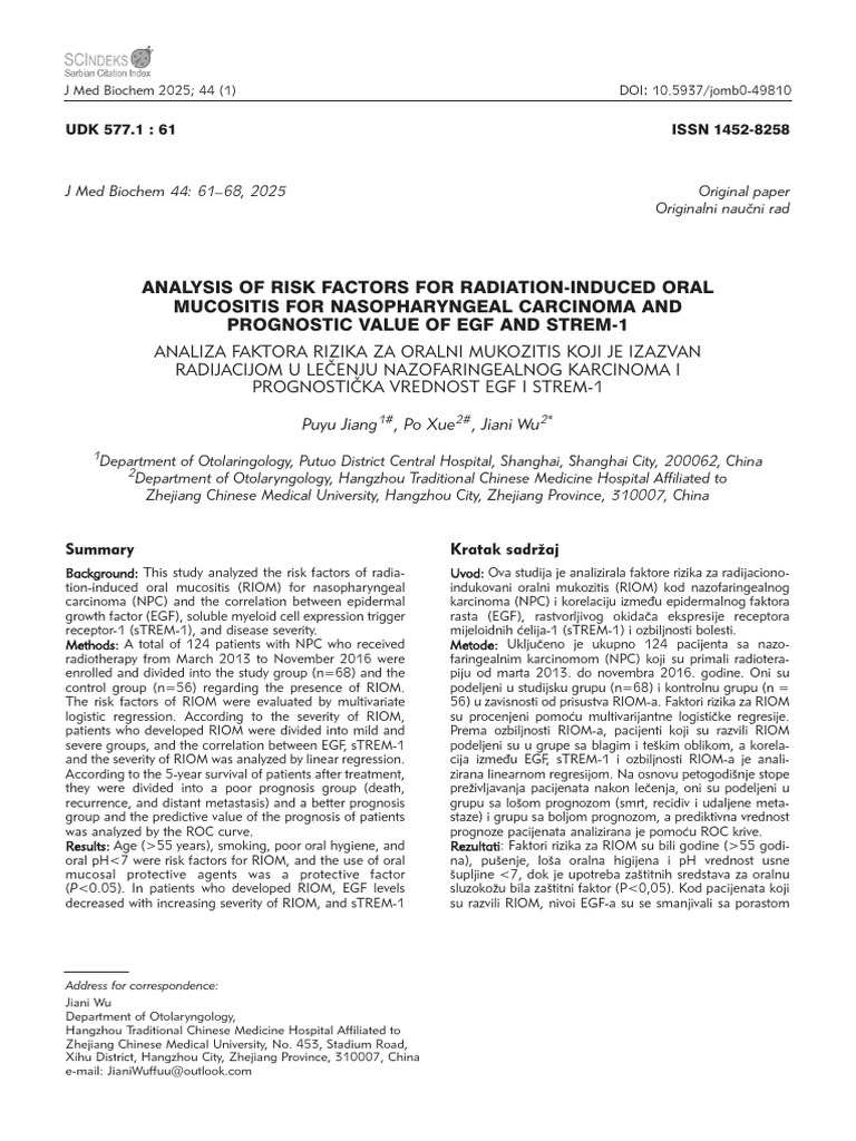 Analiza Faktora Rizika Za Oralni Mukozitis Koji Je Izazvan Radijacijom U Lečenju ...