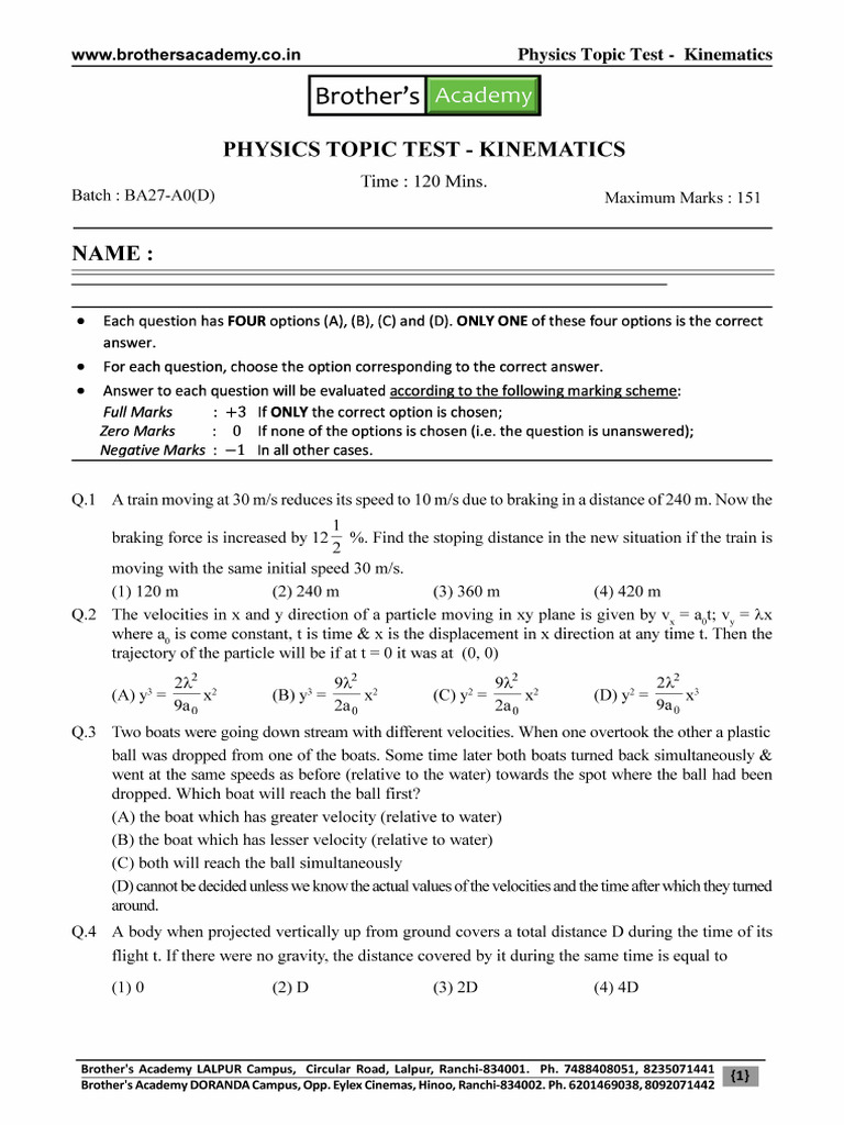 Physics Topic Test - Kinematics - BA27-A0 (D) - 28 - 250921 - 223523 | PDF