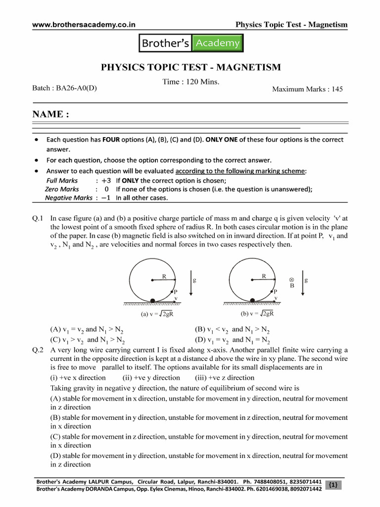 Physics Topic Test - Magnetism - BA26-A0 (D) - 22!07!250921 - 224022 | PDF