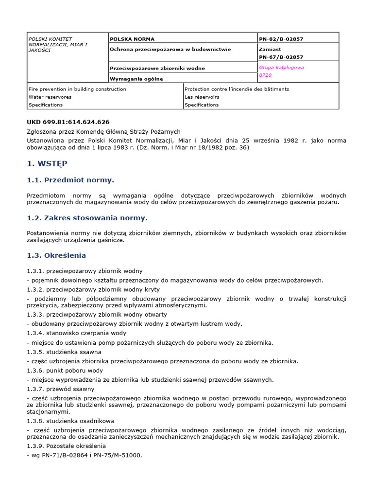 (Nieakt) PN-B-02857 1982 Ochr Ppoż W Budow Ppoż ZB Wod Wymag Ogól | PDF