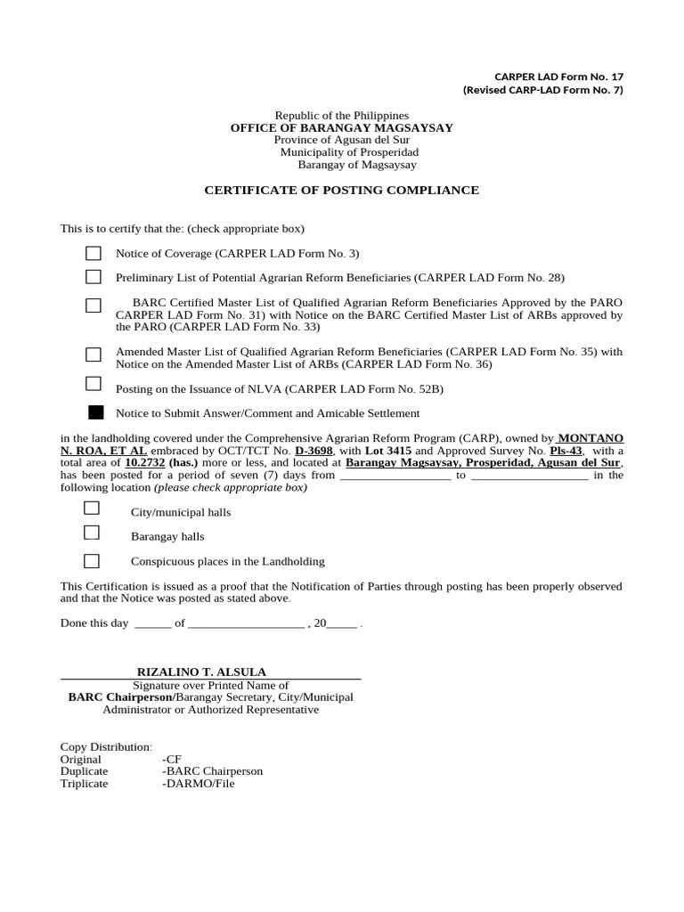 ROA - Certificate of POSTING COMPLIANCE Carper Lad Form No 17 | PDF ...