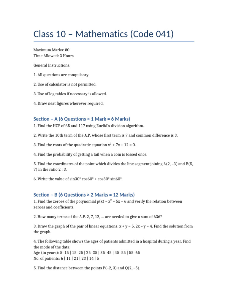 Class10 Maths Board Paper | PDF | Quadratic Equation | Polynomial