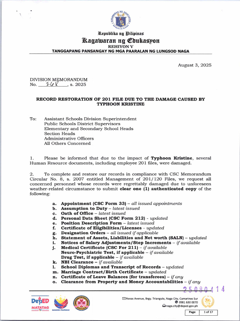 DM No. 268, S. 2025 Record Restoration of 201 File Due To The Damage ...
