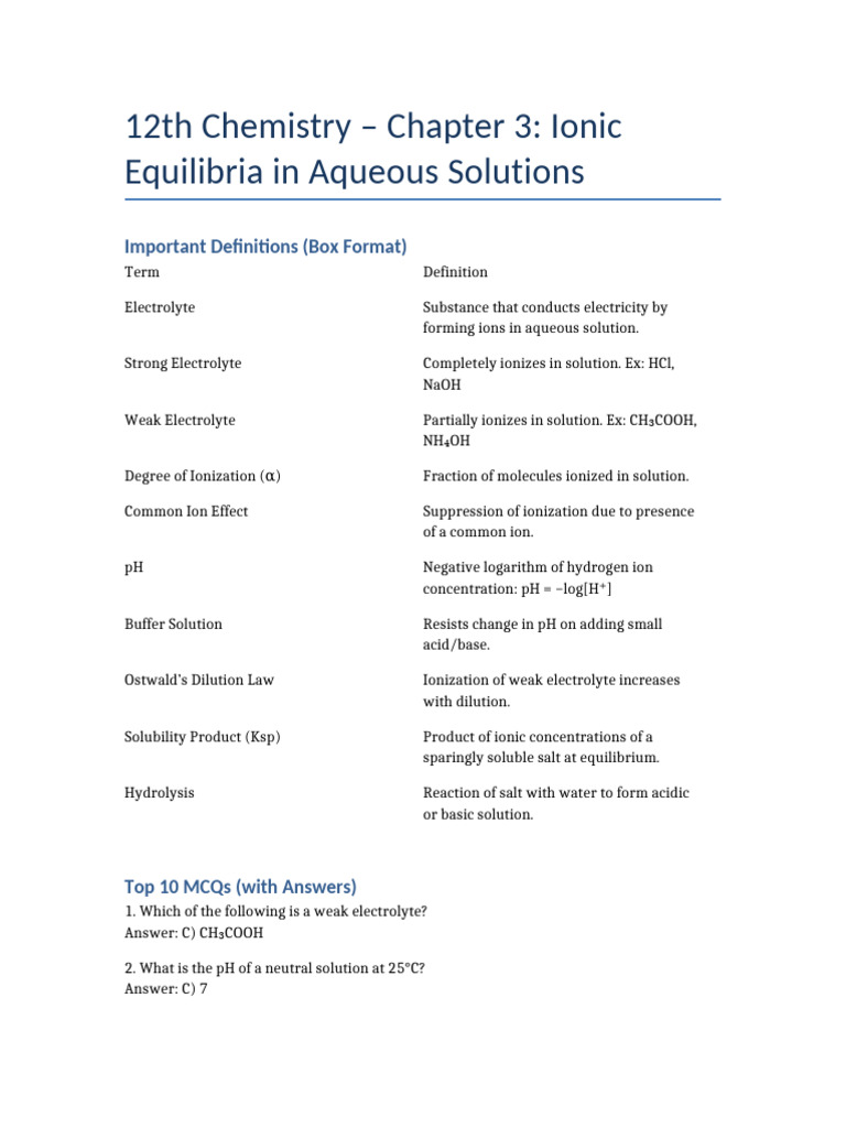 Ionic Equilibria Chapter3 12thchemistry | PDF | Ph | Acid