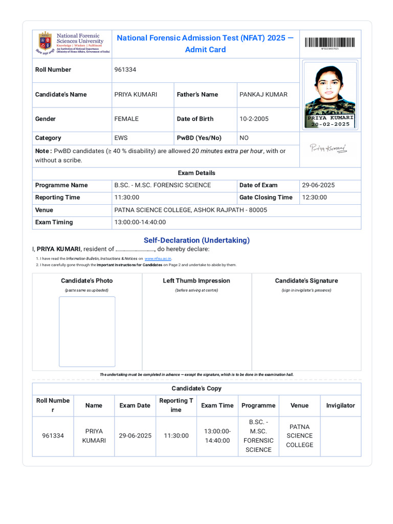 NFAT 2025 Admit Cardrdfrvhnkml | PDF | Identity Document