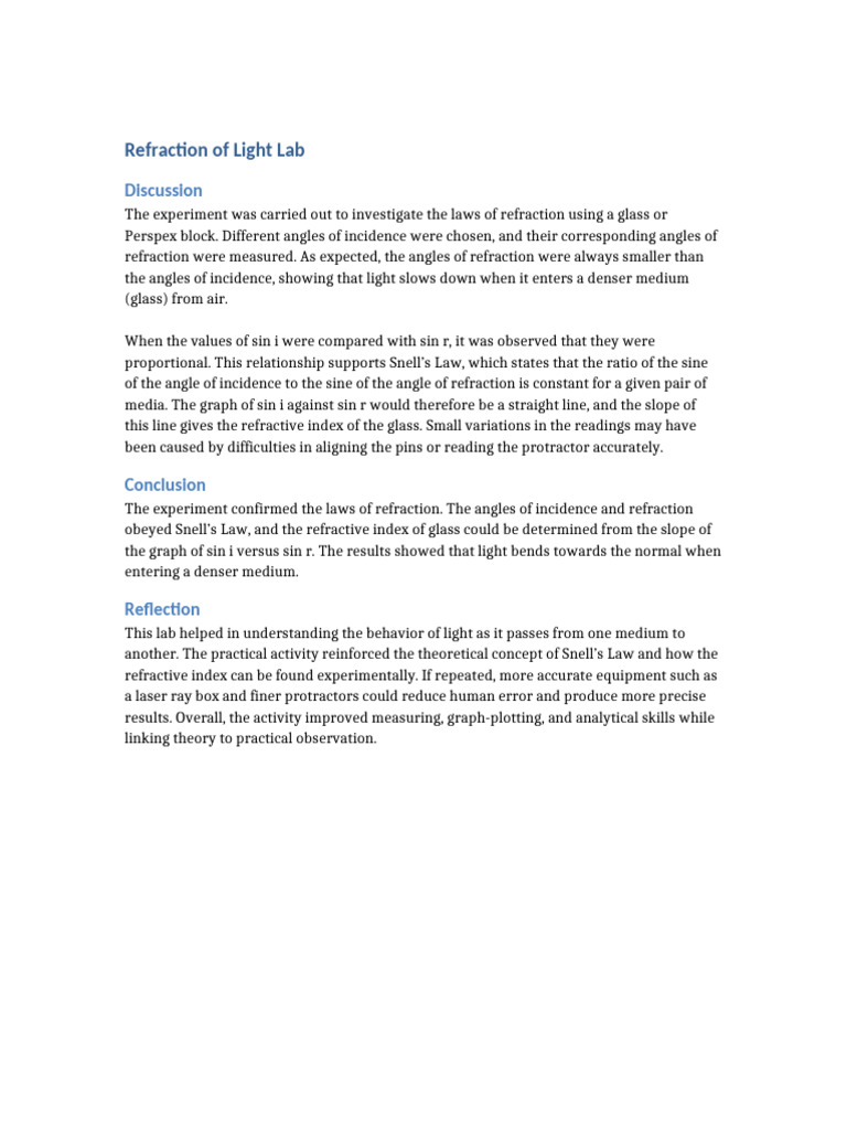 Refraction of Light Experiment Analysis | PDF