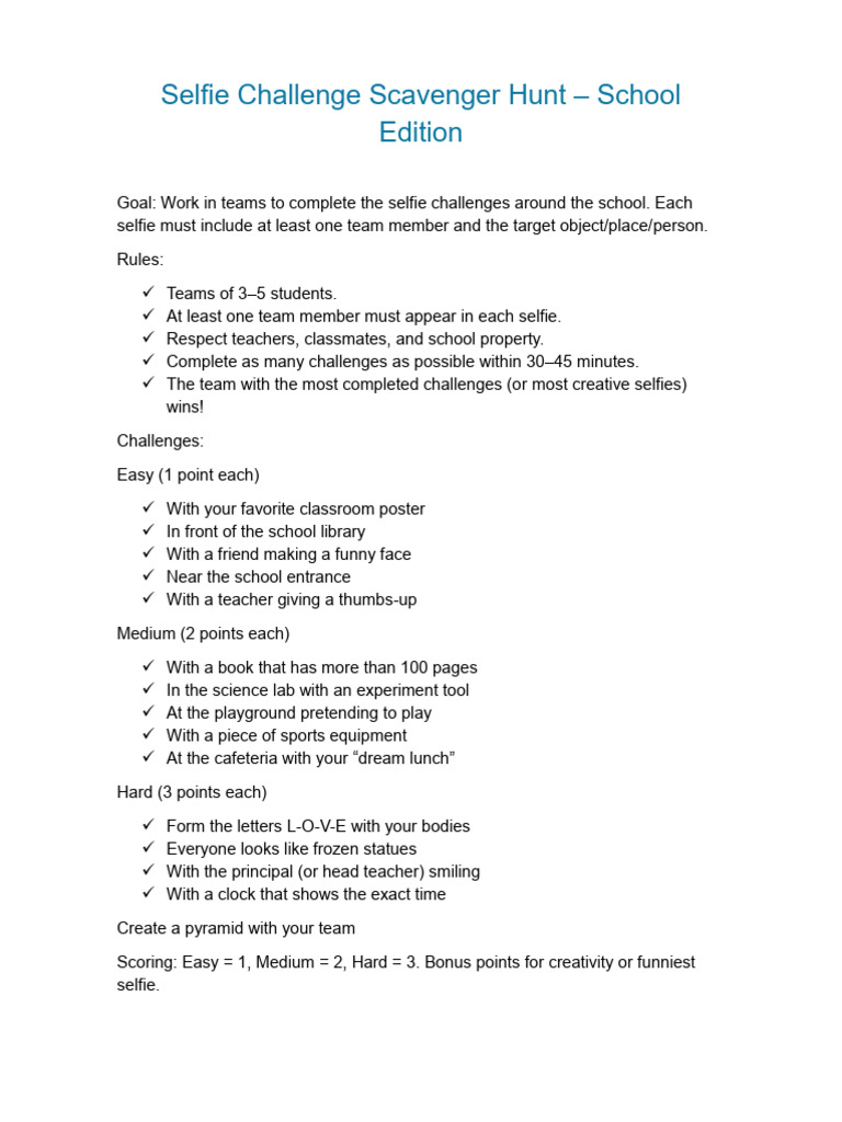 School Selfie Challenge Game | PDF