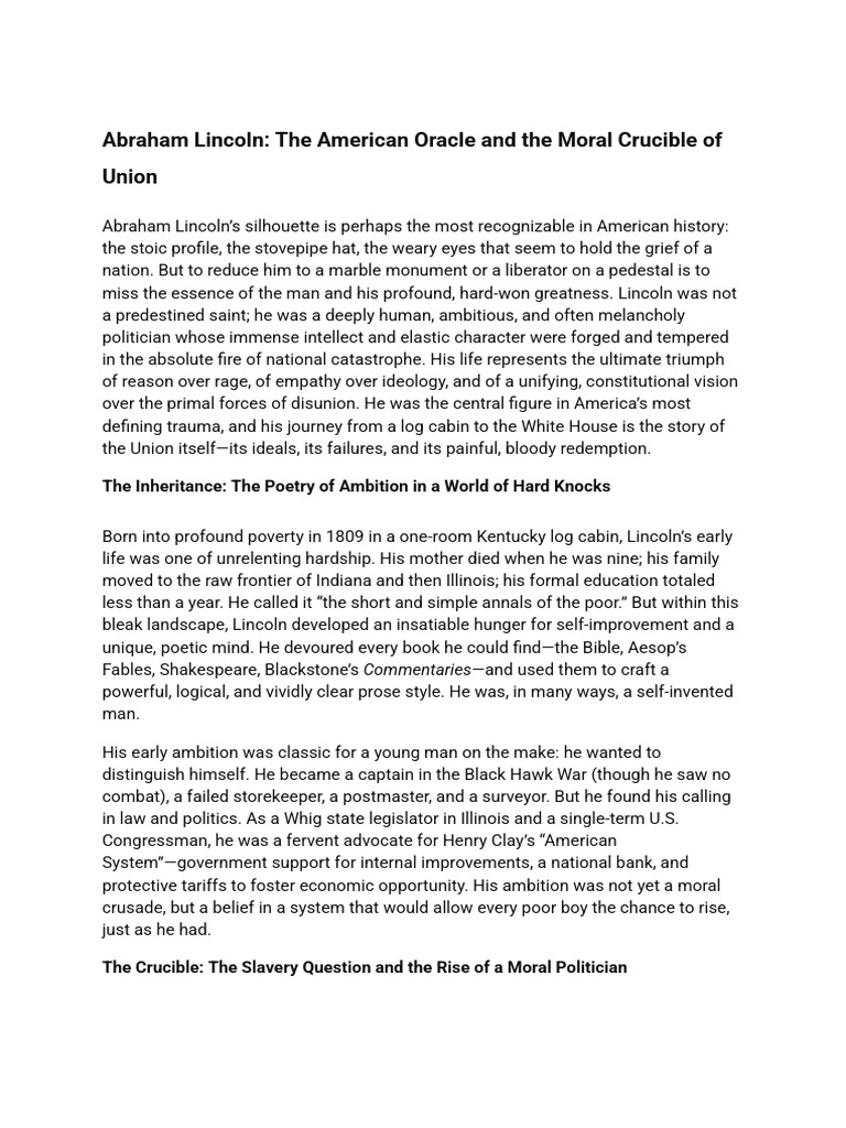 Abraham Lincoln "The American Oracle and The Moral Crucible of Union ...