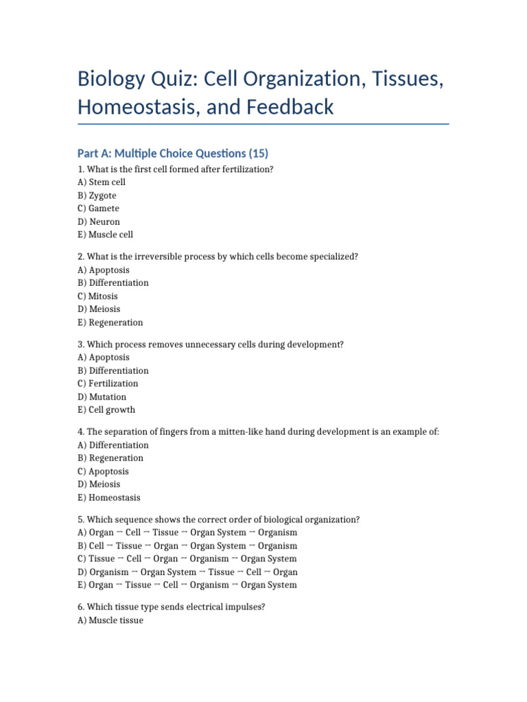 Biology Quiz: Cells, Tissues, Homeostasis | PDF | Blood | Tissue (Biology)