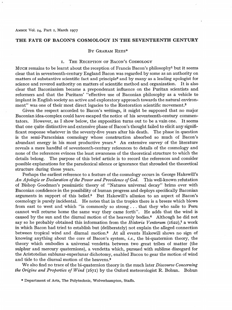 Bacon's Cosmology in 17th Century England | PDF | Francis Bacon | Science