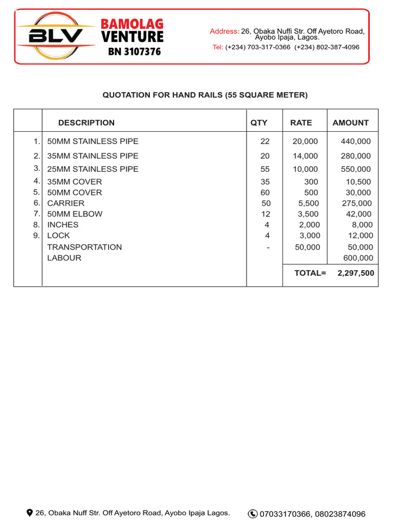Quotation For Hand Rails (55 Square Meter) 2 | PDF
