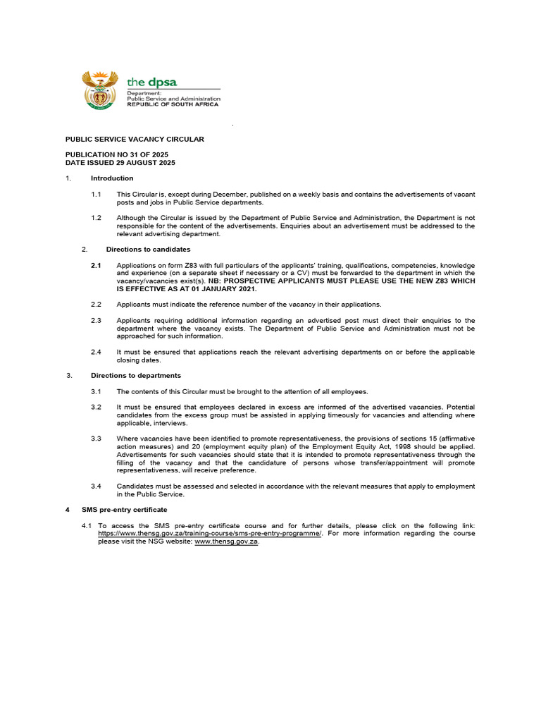 Public Service Job Vacancies Circular 2025 | PDF | Audit | Affirmative ...
