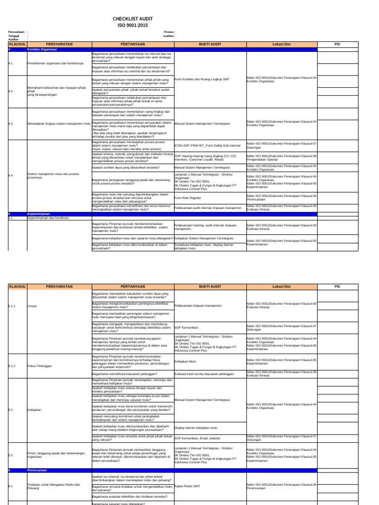 Checklist Audit ISO 9001-2015 r02 | PDF