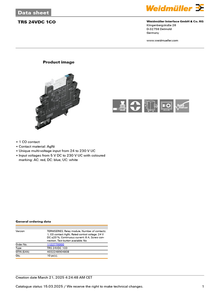 TRS 24VDC 1CO Relay Datasheet | PDF | Relay | Direct Current