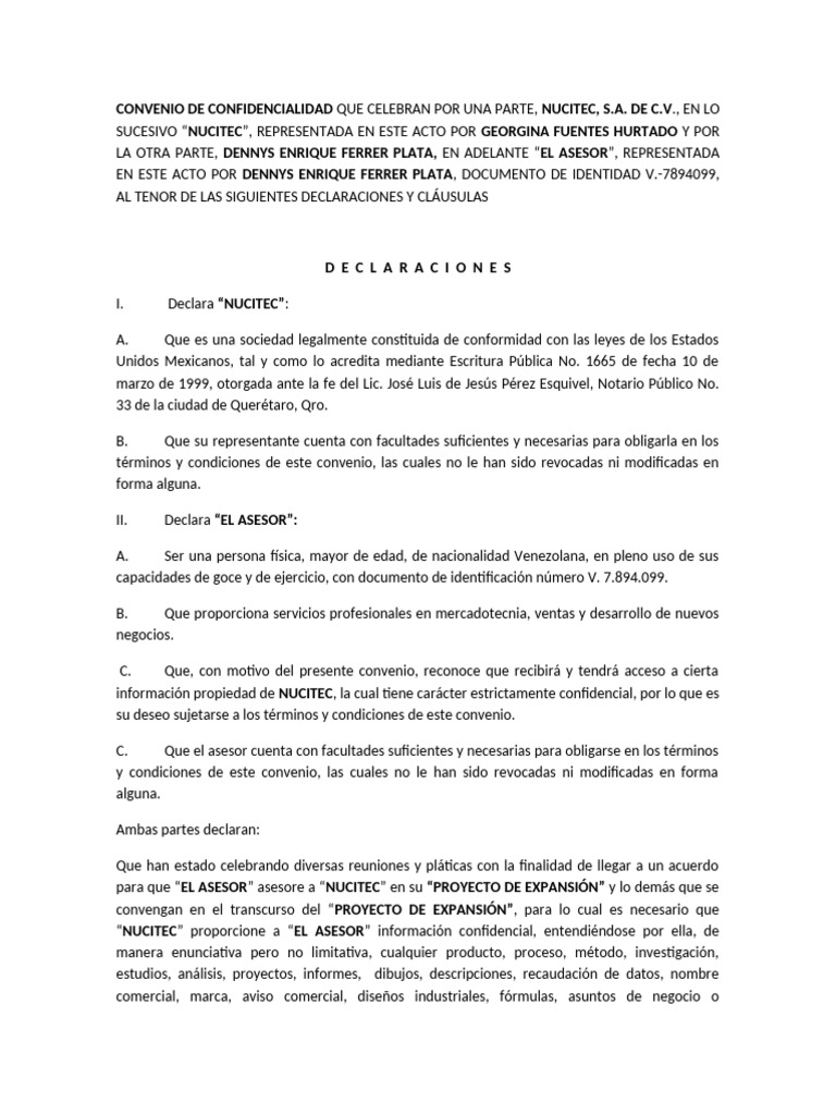 Convenio de Confidencialidad NUCITEC | PDF | Daños y perjuicios | Propiedad