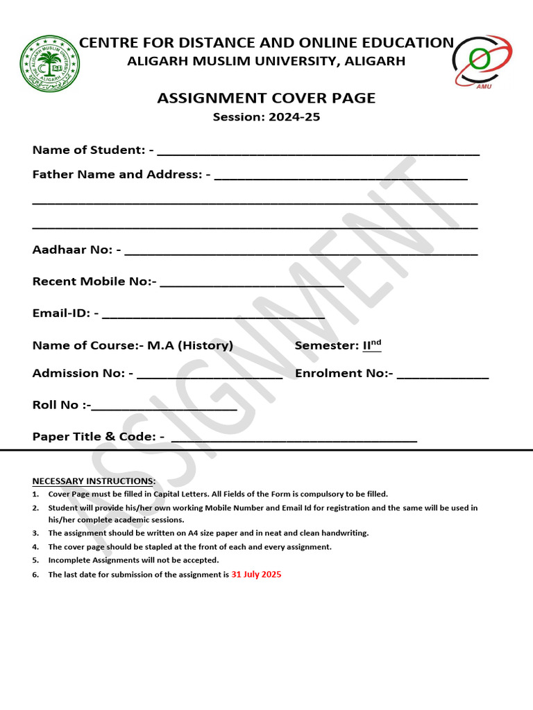AMU Assignment Cover Page Template | PDF
