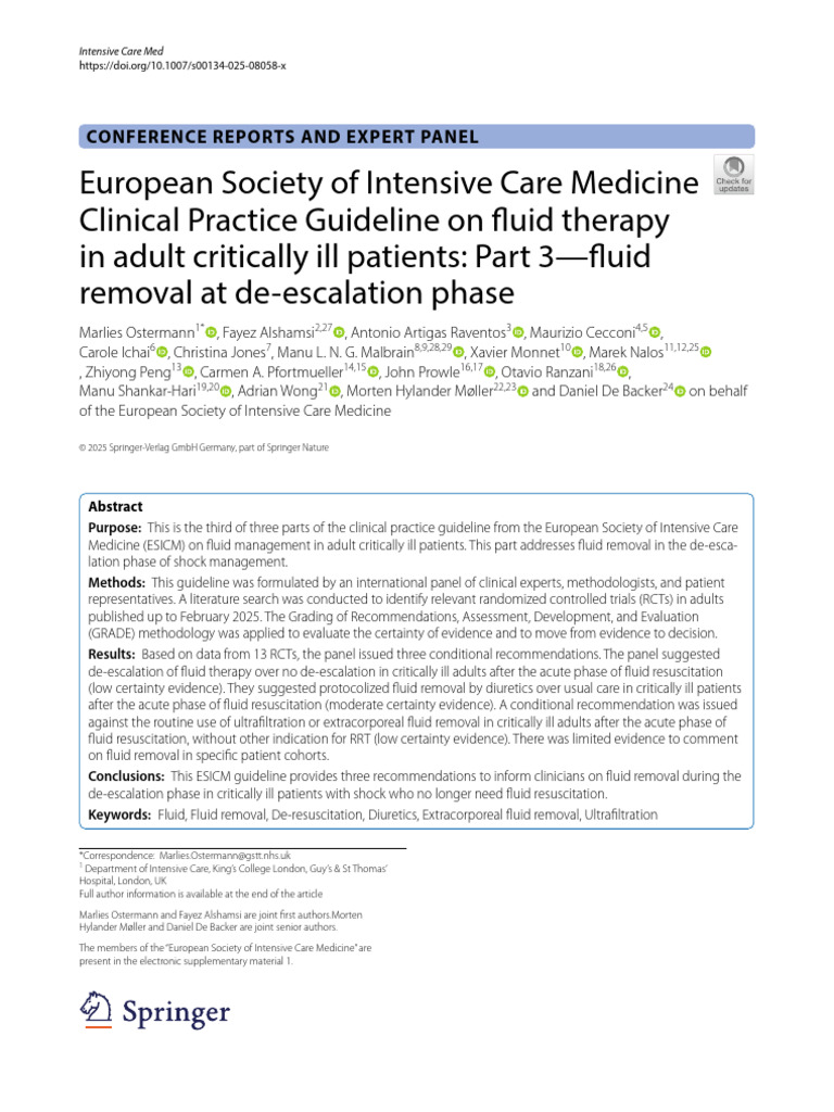Guideline On Fluid Therapy in Adult Critically Ill Patients, ESCCM 2025 ...