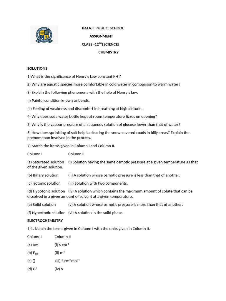 Revision Assignment (1) Class 12th Science Chemistry | PDF | Chemical ...