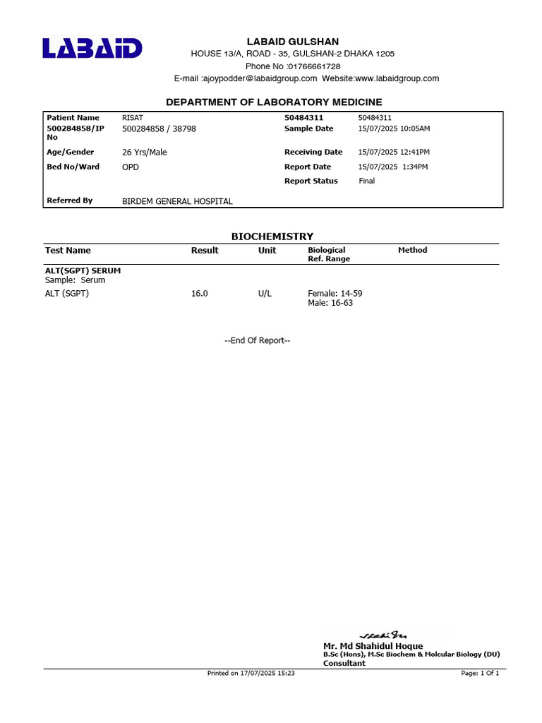 Biochemistry Report for Patient RISAT | PDF