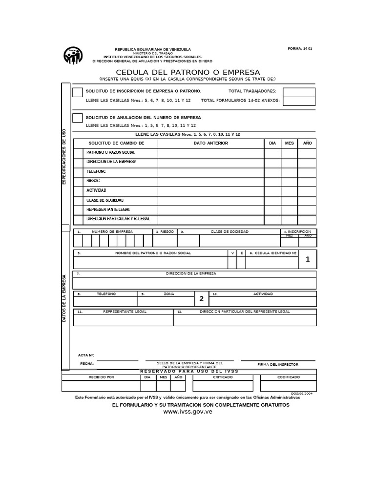Solicitud Inscripción IVSS Forma 14-01 | PDF