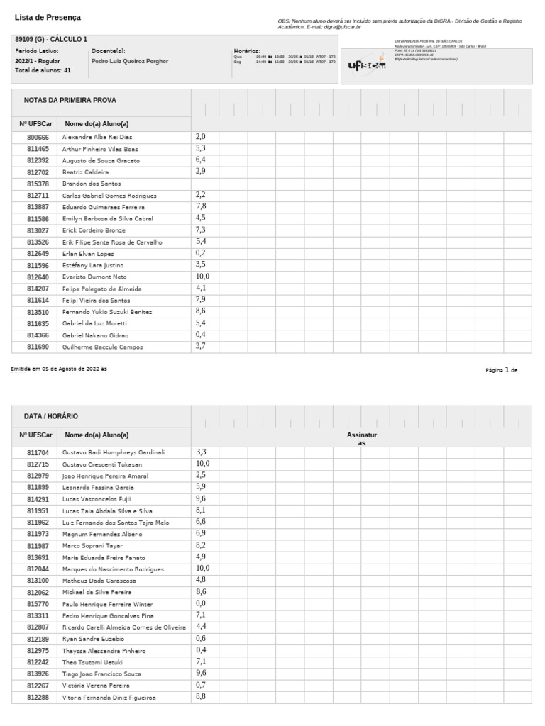 Notas da Primeira Prova - UFSCar 2022 | PDF