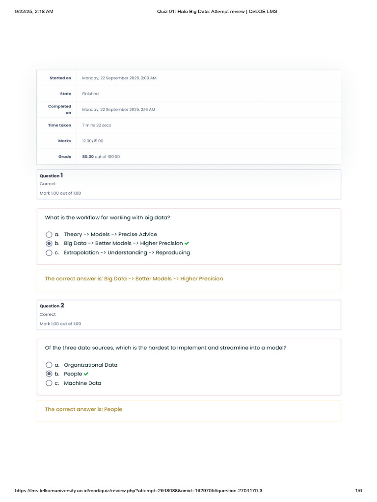 Quiz 01 Halo Big Data Attempt Review CeLOE LMS | PDF | Data | Big Data