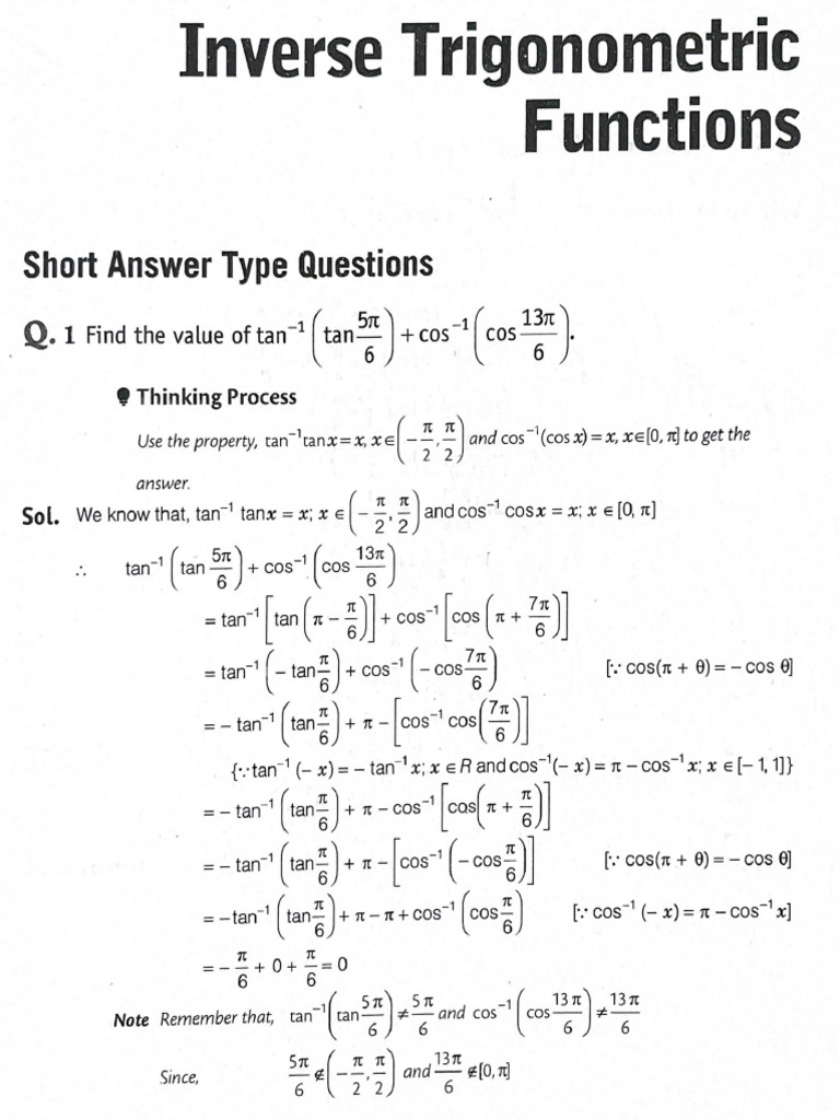 Inverse Trigonometric Functions From NCERT Exemplar With Solutions | PDF