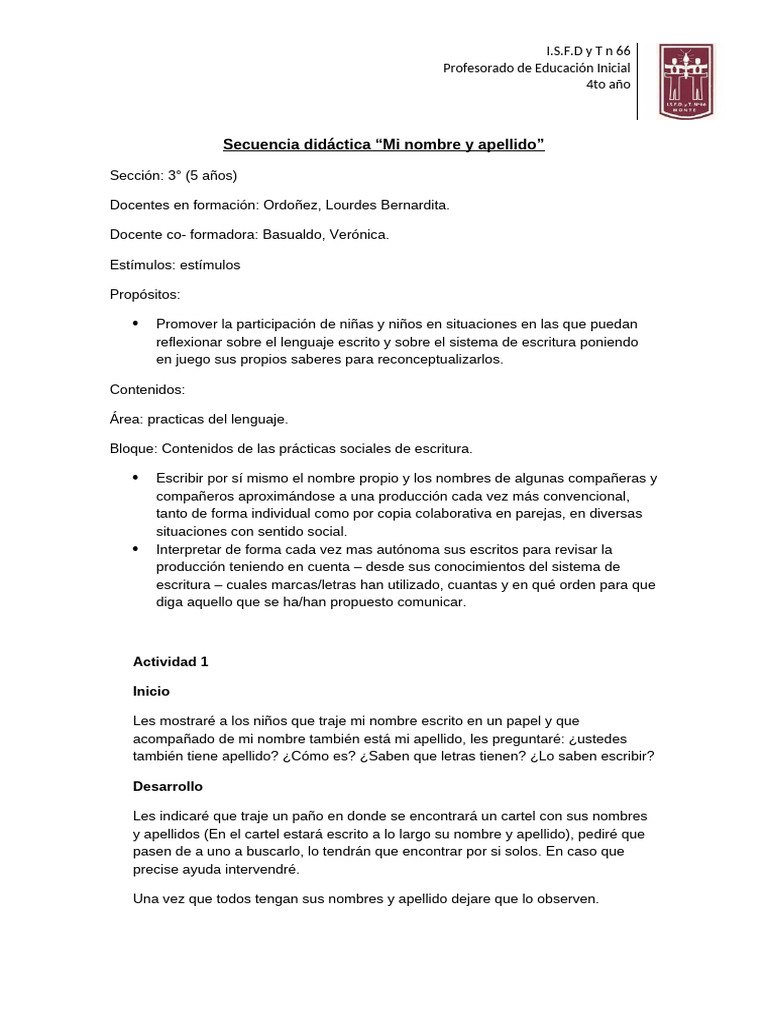 Actividades sobre nombre y apellido | PDF | Aprendizaje