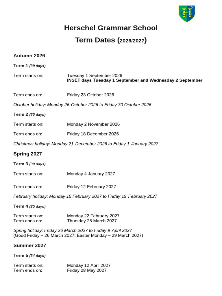 Herschel Grammar School Term Dates 2026 | PDF