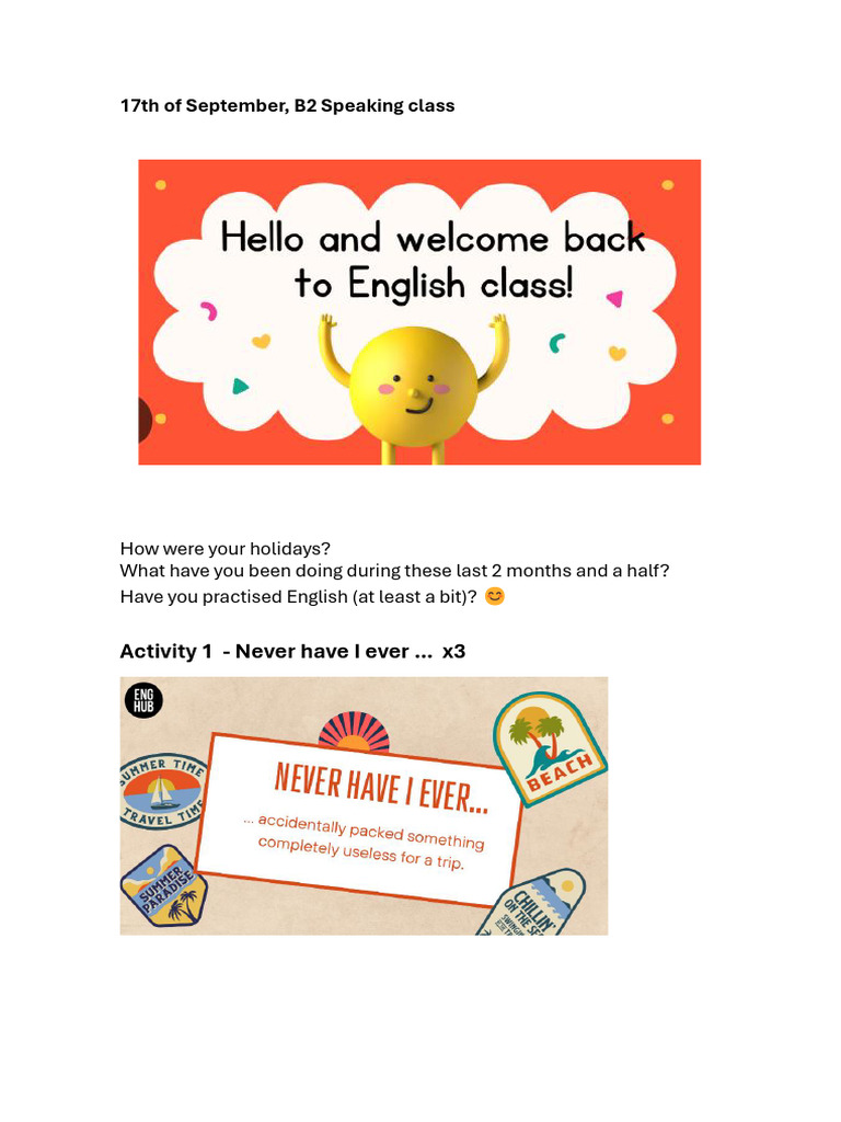 B2 Speaking Class Activities Overview | PDF