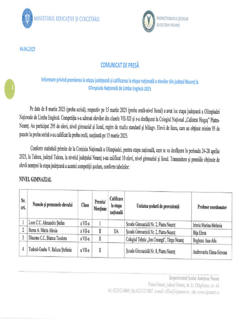 Comunicat de Presa Elevi Calificati Olimpiada Nationala de Limba Engleza | PDF