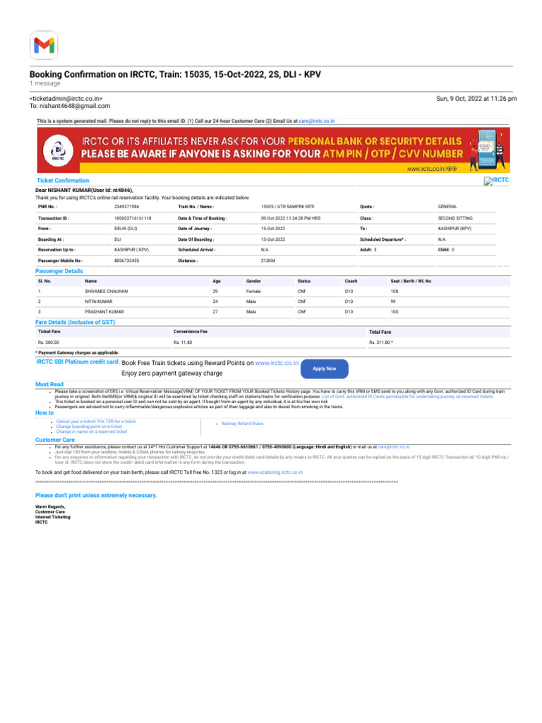 Gmail - Booking Confirmation On IRCTC, Train - 15035, 15-Oct-2022, 2S ...