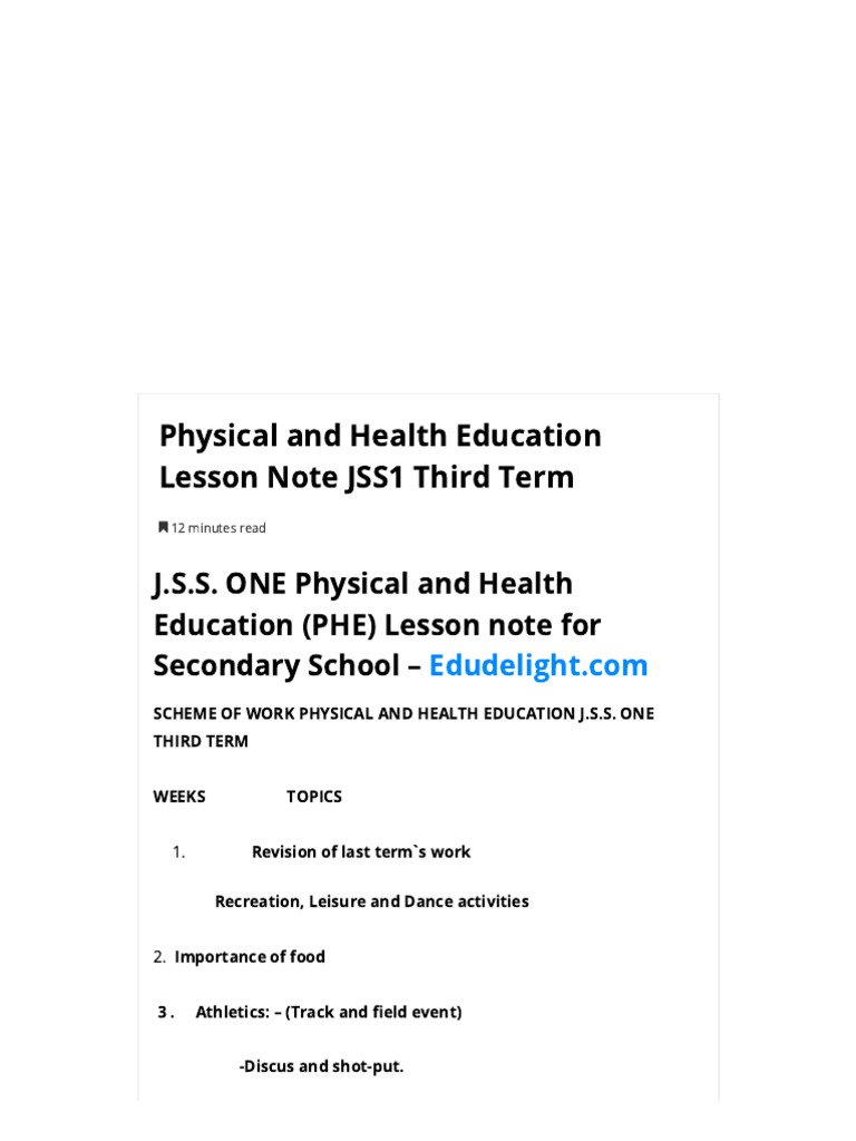 Physical and Health Education Lesson Note JSS1 Third Term | PDF ...