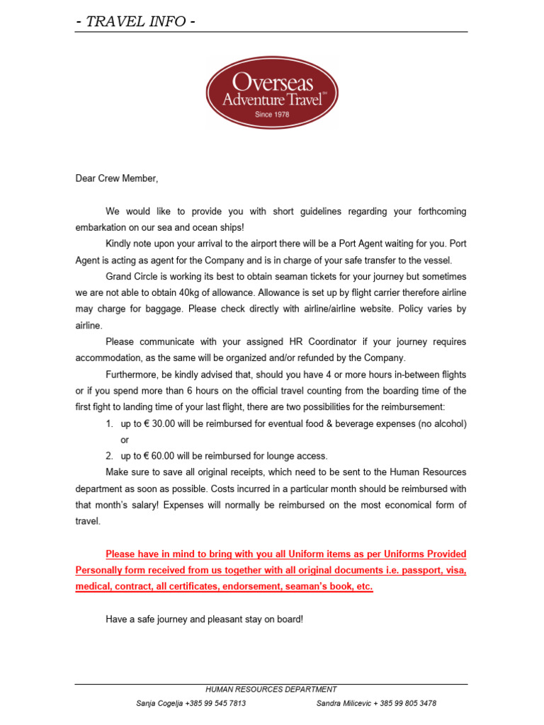 Crew Travel Guidelines for Embarkation | PDF